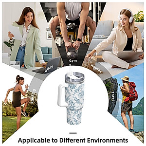 Elegant Engraved Blue And White Floral Toile 40 Oz Tumbler With Handle & Leak-Proof Lid – Car Cup Holder Friendly Hot/Cold Vacuum Insulated Stainless Steel Travel Mug Large Coffee Water Bottle For Car