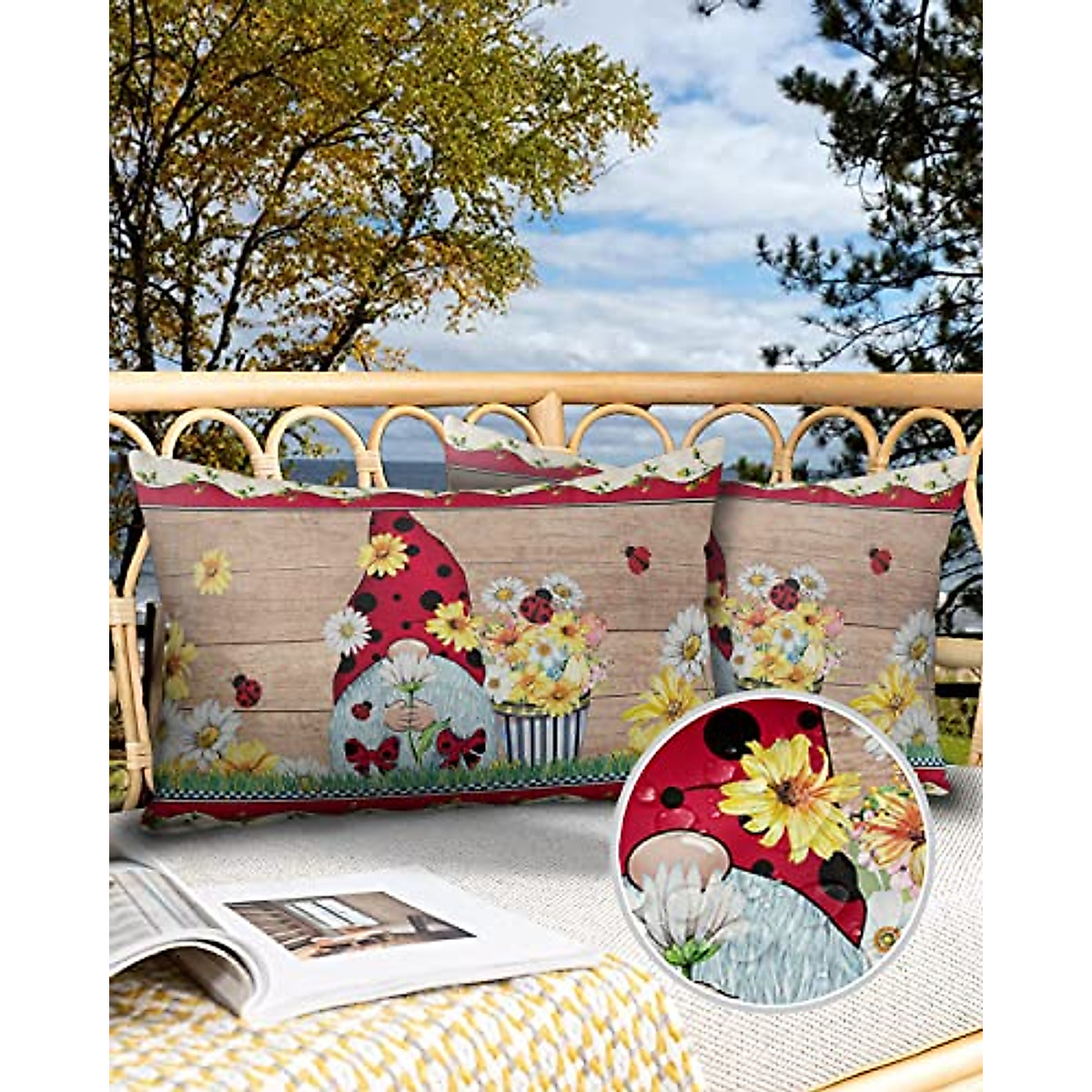 Lumbar Pillow Covers 12 x 20 Inches, Ladybug Gnome Waterproof Pillow Protector Set of 2 Throw Pillowcases Cover, Summer Spring Flroal Wood Board Rectangle Cushion Covers for Patio/Tent/Couch/Garden
