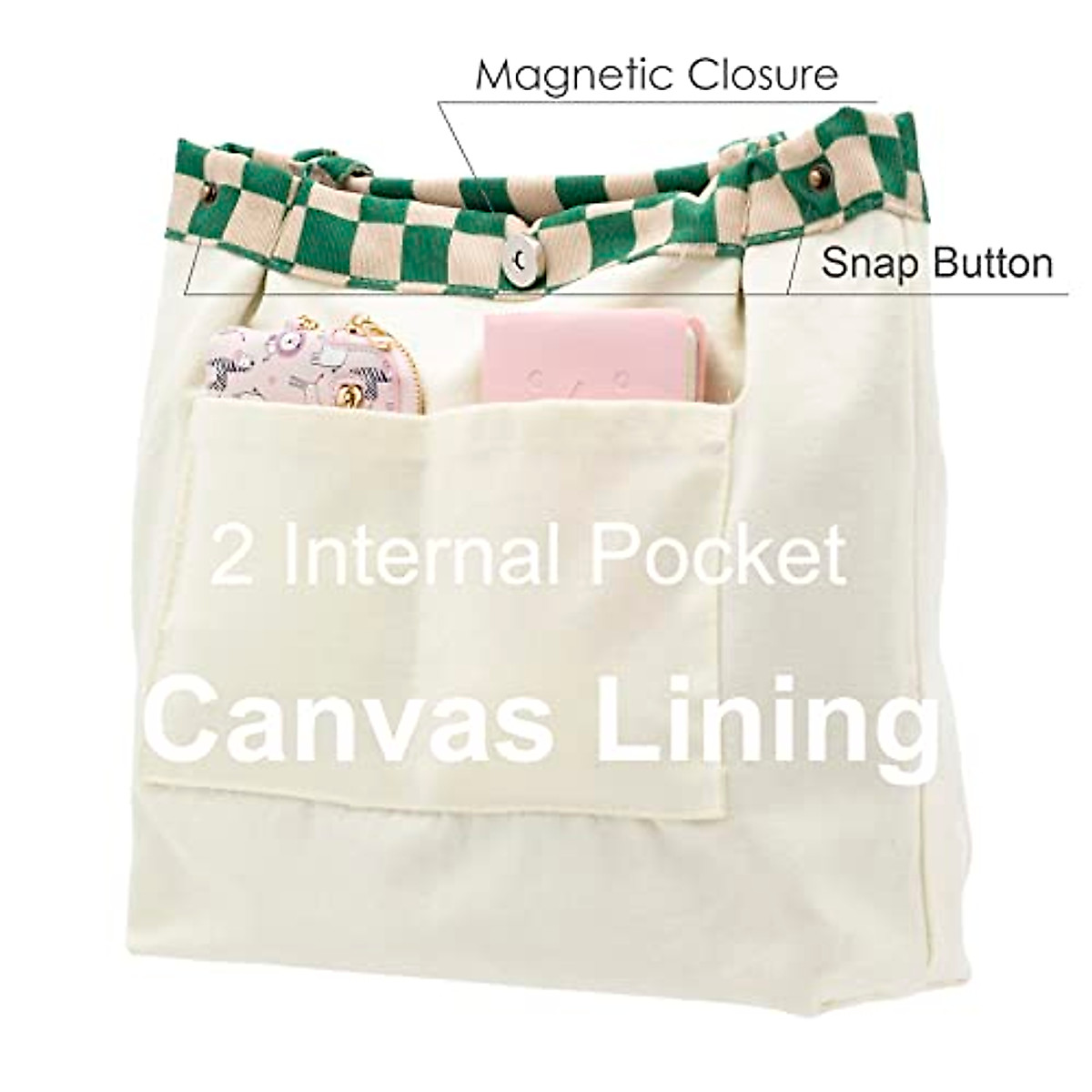 PAZIMIIK Corduroy Tote Bags for Women Reusable Grocery Shopping Shoulder Go-to Everyday Bag with Canvas Lining for Work Travel,Checkered Green