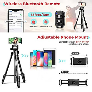 UBeesize 64" Phone Tripod, Extendable iPad Tripod Stand with Remote and Phone Holder, Lightweight Camera Tripod for Selfie, Video Recording, Live Streaming, Compatible with Cell Phone/Camera/Tablet