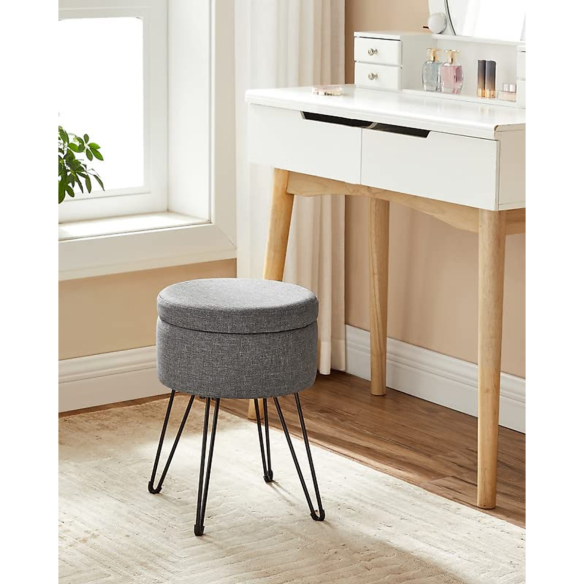 SONGMICS Vanity Stool Chair, Small Ottoman Stool with Storage, Vanity Chair, 12.2 Dia. x 16.9 Inches, 4 Metal Legs, for Makeup Room, for Living Room, Bedroom, Dark Gray ULOM002G01