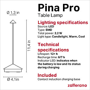 Zafferano, Pina Pro Lamp, Rechargeable Cordless Table Lamp with Touch Controls, Suitable for Indoor and Outdoor, Dimmer, 2200-3000 K, Height 11.4 Inches, Black Color