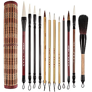 12 Pieces Chinese Calligraphy Brushes Painting Writing Brushes Watercolor Brushes Set Kanji Japanese Sumi Painting Drawing Brushes Kanji Art Brushes with Roll-up Brush Holder