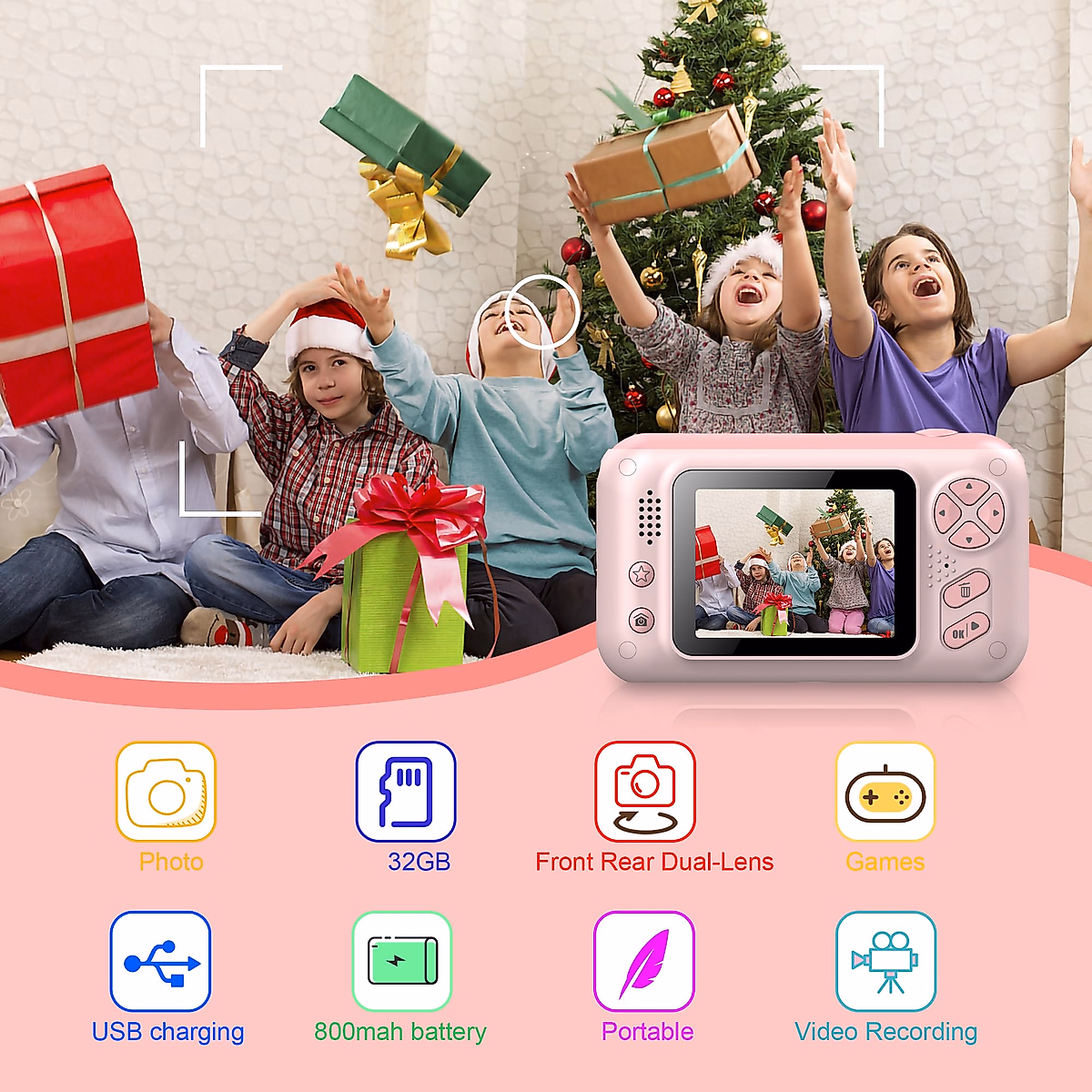 Makolle Kids Camera,Kids Camera for Girls,Kids Digital Camera Kids Video Camera for vlogging with 32GB SD Card,Toddler Toys Christmas Birthday Gifts for Girls Age 3-9, Pink