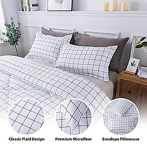 Andency White Grid Comforter Full(79x90Inch), 3 Pieces(1 Plaid Comforter and 2 Pillowcases) White Plaid Comforter Set, Microfiber Down Alternative Comforter Bedding Set