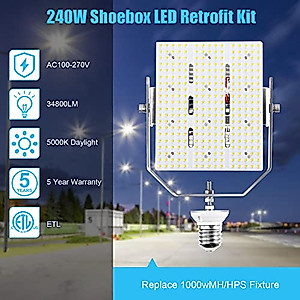 240W LED Parking Lot Retrofit Kit 34800LM ETL DLC Replace 1000W MH HPS HID Shoebox LED Retrofit Lights AC100-277V 5000K E39 Base for Outdoor Tennis Court Canopy Flood Street Area Lighting Fixture