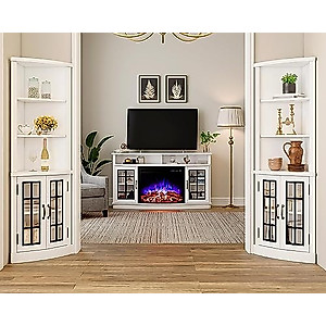 AMERLIFE Curved Fireplace TV Stand with 26'' Electric Fireplace, Media Entertainment Center Farmhouse Glass Door Storage Cabinet, Open Shelve Console Table for TVs up to 65'', Distressed White, 59''