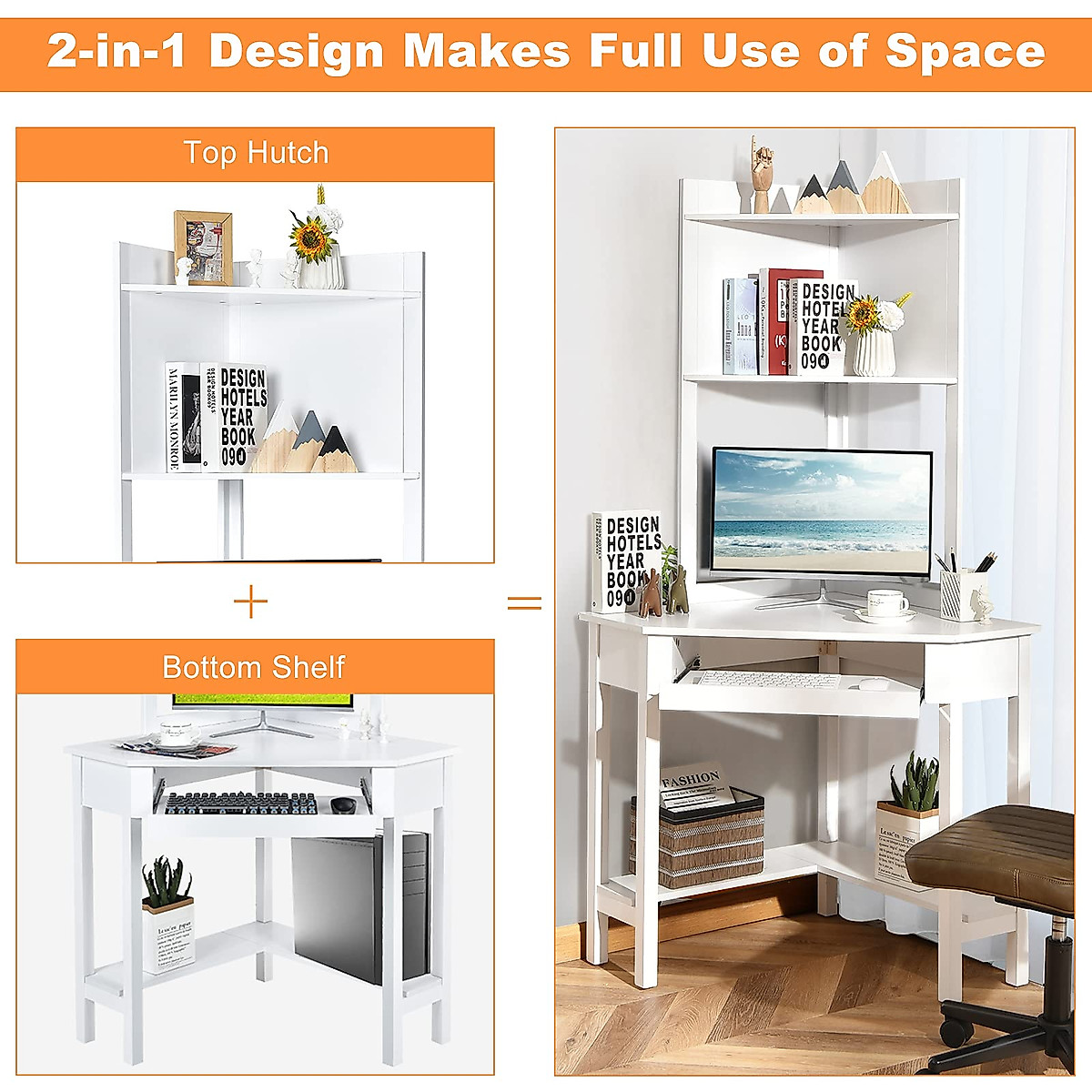 Tangkula White Corner Desk with Hutch, 90 Degrees Triangle Computer Desk with Keyboard Tray & Bookshelves for Small Space, Space Saving Writing Desk with Storage Shelves for Bedroom Apartment