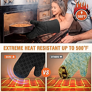 Oven Mitts and Pot Holders Set: 500℉ Heat Resistant Oven Gloves with Ovenmitts Hotpads and Kitchen Towels - Extra Long Kitchen Mittens and Potholders with Non-Slip Silicone Surface Safe for Cooking
