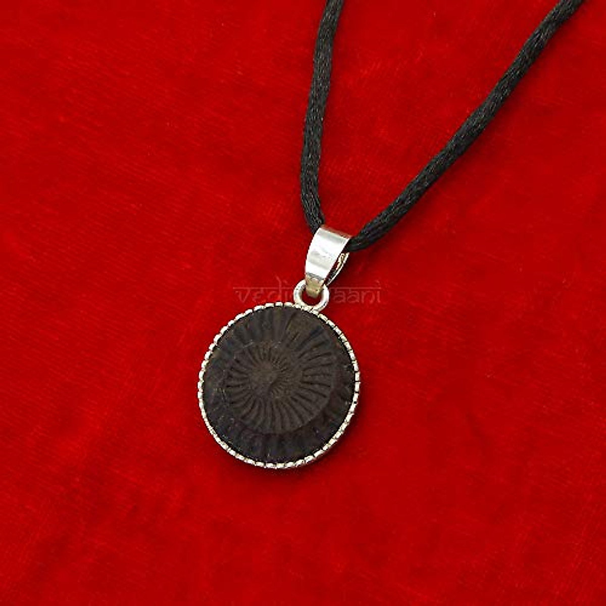 Vedic Vaani Natural Gandaki River Lord Vishnu Narayan Sudarshana Chakra Shaligram Shilla Stone Silver Pendant Locket (1 Piece)