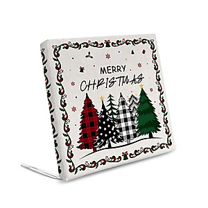 Merry Christmas Tree Outdoor Cushion Chair Cover Set of 2 - Waterproof Couch Seat Covers, Red Plaid Green Xmas Tree Snowflake Patio Furniture Protector Slipcovers for Sofa/Garden/RV, 20"x18"x4"