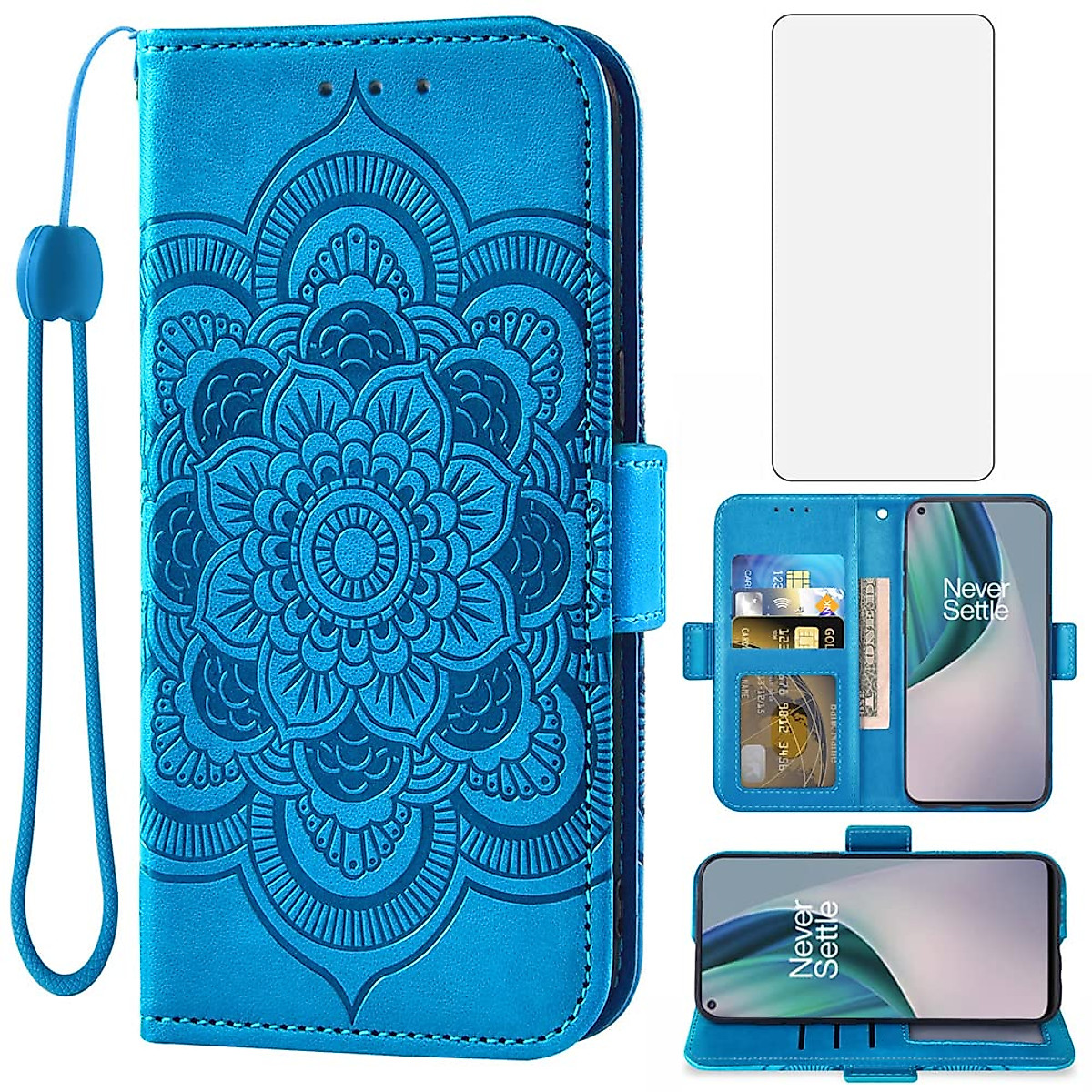 Asuwish Compatible with OnePlus Nord N10 5G Wallet Case and Tempered Glass Screen Protector Flip Cover Card Holder Cell Phone Cases for One Plus N 10 G5 1 Plus 10N 1plus One+ 1+ N105G Women Men Blue