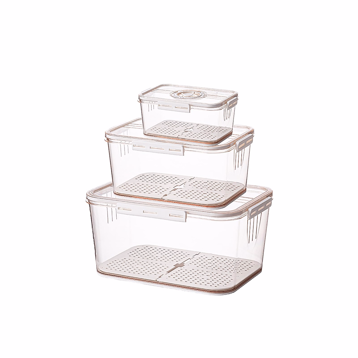 Time Recording Fruit Storage Containers for Fridge, Airtight Produce Storage Saver Containers, Fridge Organizer with Lid, Stackable Transparent Fresh Keeper Bin for Salad Berry (white-3 piece set)