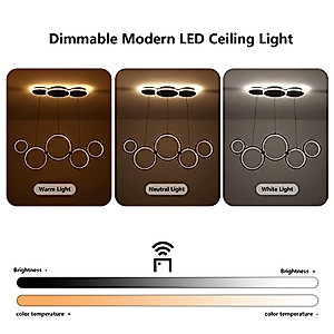 OKES Black Chandeliers,Modern Led Pendant Lights Fixture with Remote,Dimmable Adjustable 5 Rings Circles Hanging Chandelier Fixtures for Kitchen Island,Bedroom,Living Room,Dining Room,3000-6000K