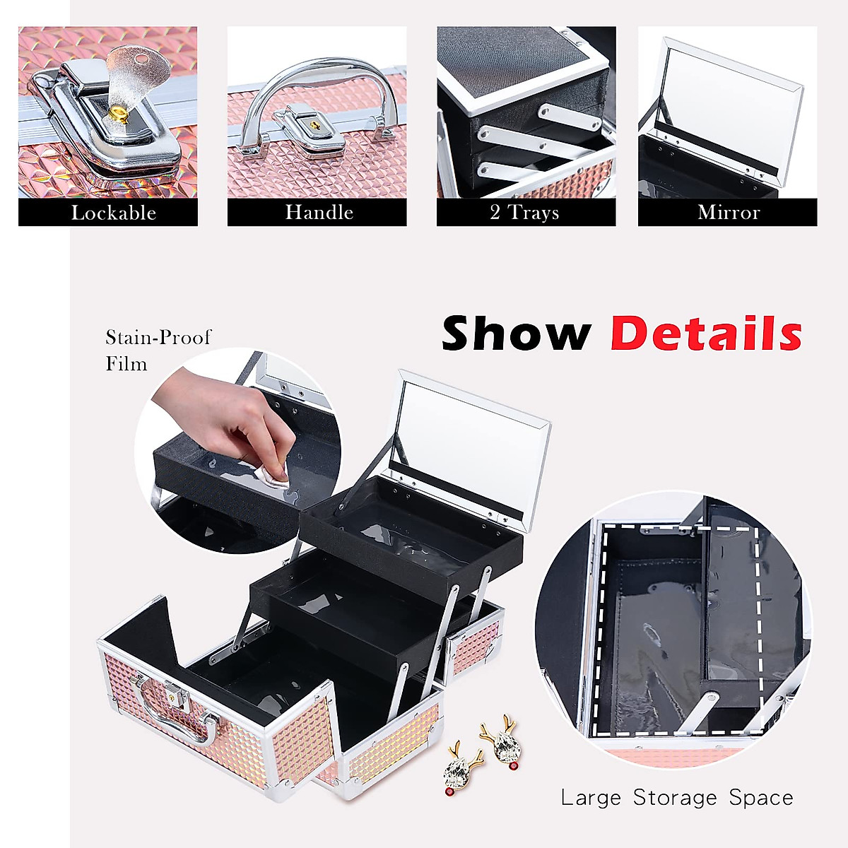 Joligrace Makeup Box Cosmetic Train Case Jewelry Organizer Lockable with Keys and Mirror 2-Tier Tray Portable Carrying with Handle Travel Storage Box