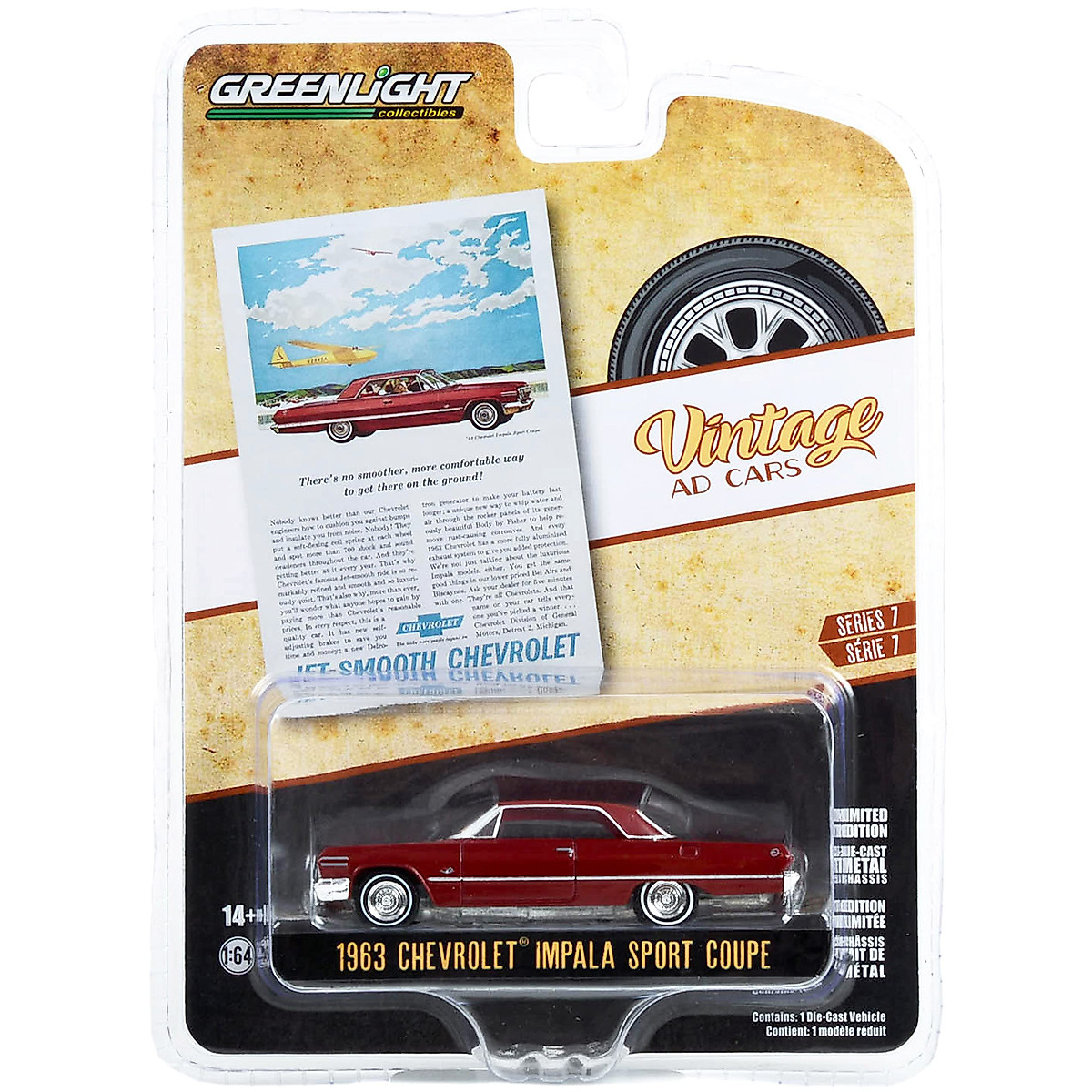1963 Chevy Impala Sport Coupe Red w/Red Interior Vintage Ad Cars Series 7 1/64 Diecast Model Car by Greenlight 39100 A