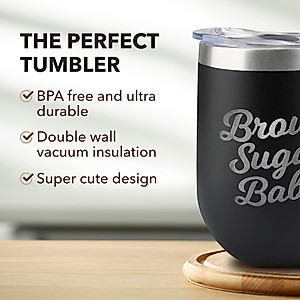 Momstir Brown Sugar Babe 12 oz Wine Tumbler - Black Girl Magic Mug for Birthday, Anniversary, Couples Gifts - Stainless Steel Wine Tumbler With Lid, African Coffee Mug - Wine Glasses for Women