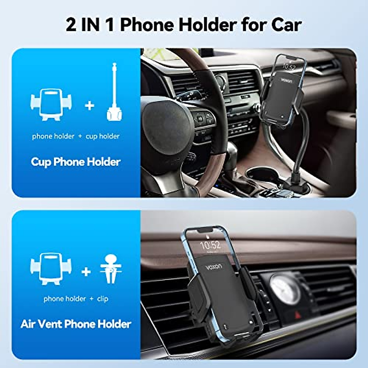 VOXON Cup Holder Phone Mount with Car Vent Clip, [2 Mounting Options], Adjustable Stable Long Arm Cup Car Phone Holder Cradle Compatible with iPhone Samsung Pixel All Phones