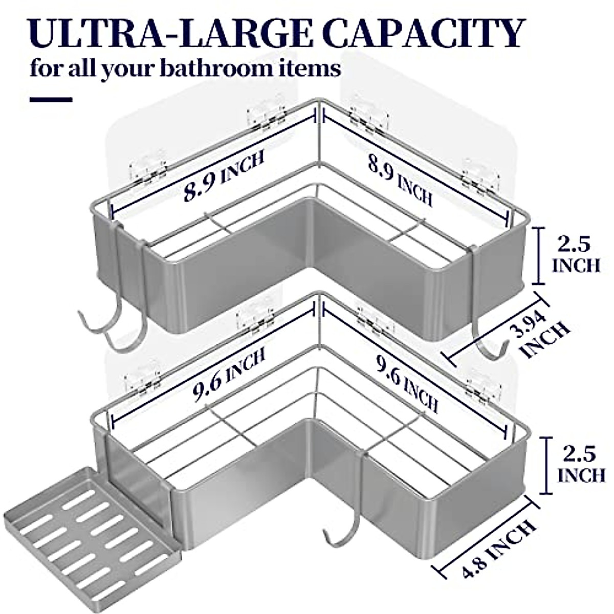 Kitsure Corner Shower Caddy - 2 Pack Rustproof Shower Organizer, Durable Shower Shelves with Large Capacity, Drill-Free Adhesive Shower Rack with 4 Movable Hooks, a Soap Holder, Silver