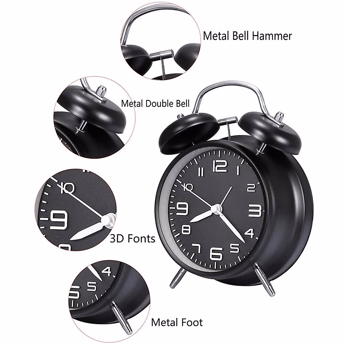 GRFIT Alarm Clock 4 Inch Twin Bell Loud Alarm Clock Metal Frame 3D Dial with Backlight Battery Operate Desk Table Alarm Clock for Home and Office Clock for Bedrooms (Color : 1)