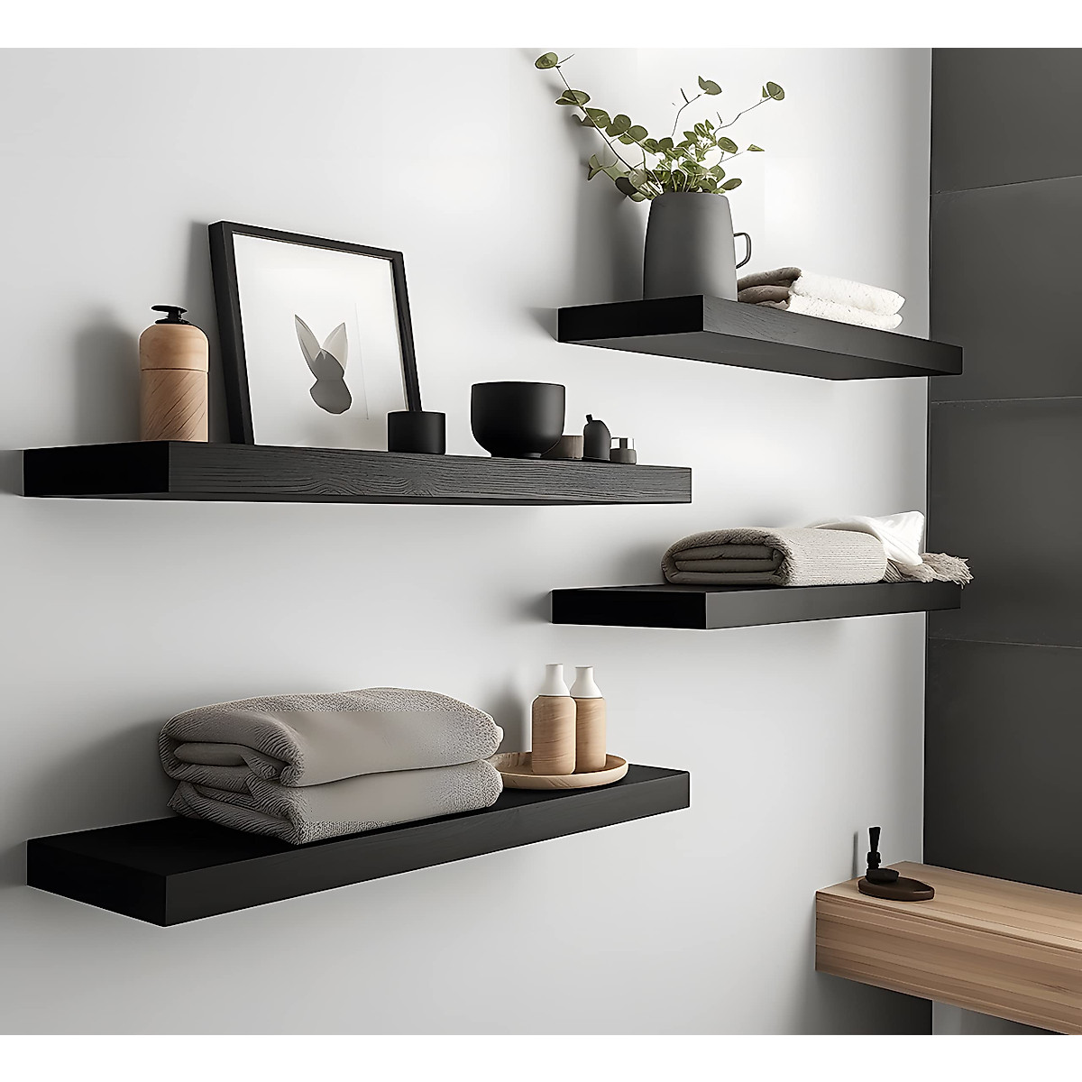 IKJZIZP Rustic Farmhouse Floating Shelves for Wall Decor Storage Wood Wooden Wall Shelves for Bedroom Bathroom Kitchen Living Room - Black Set of 4