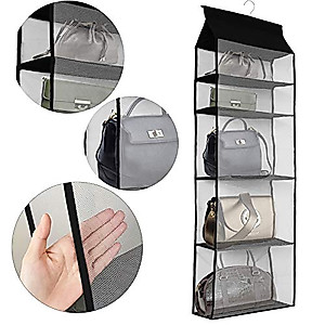 Dearjana Improved Closet Handbag Purse Holder with 5 Large Heavy-Duty Mesh Shelves, Space Saving Hanging Handbag Storage Tote Bag Organizer Holder for Wardrobe Closet(Black)