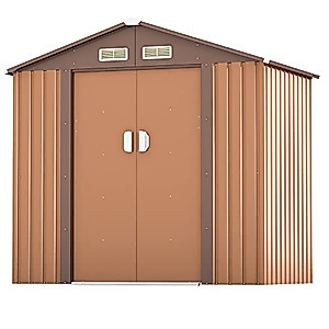 JAXPETY 4.2' x 7' Storage Outdoor Shed, Metal Shed Outdoor Storage with Lockable/Sliding Doors, Steel Utility Tool Shed with Floor Frame for Garden Patio Backyard Lawn, Coffee