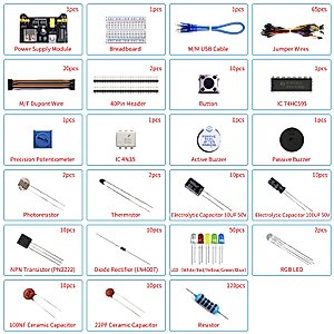 REXQualis Electronics Basic Kit w/Power Supply Module, Breadboard, Jumper Wire, LED,Resistor, comes with more than 300pcs sensors and components for fun and simple electronic projects.