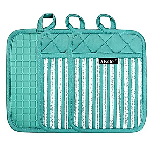 Alselo Silicone Pot Holders Set of 3 Heat Resistant & Non Slip Potholders, Professional Oven Hot Pads with Pockets Mitts for Kitchen Cooking Baking Barbecue