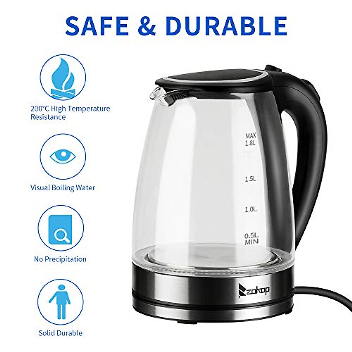 Electric Kettle with Glas,Electric Glass Kettle and Tea Maker with Temperature Controls 110V 1500W 1.8L Glass Electric Kettle with Filter, Stainless Steel Lid & Bottom