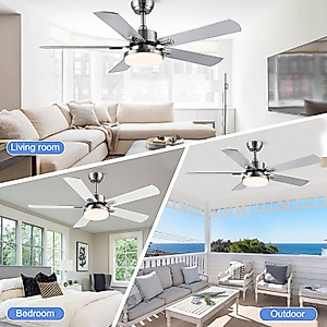 SNJ 52 inch Ceiling Fan with Light, Modern Silver Ceiling Fan with Light and Remote, Brushed Nickel and White Ceiling Fan for Bedroom, Living Room, Outdoor Patio, Quiet DC Motor (5 Blades)