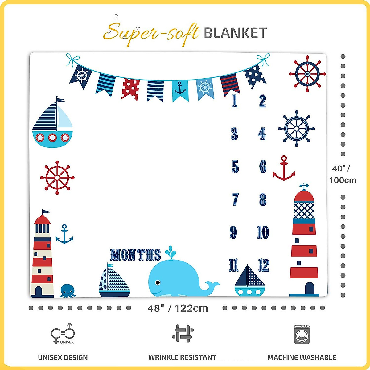 LUCKBTY Monthly Baby Milestone Blanket Newborn Boy Girl Unisex Neutral Nautical Anchor Lighthouse Ocean Nursery Baby Month Picture Blanket Baby Growth Photography Background Prop 48"x40" BTZDLU148