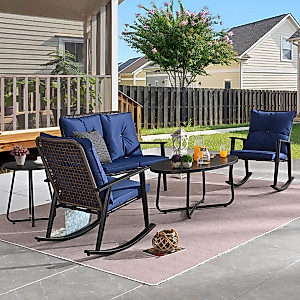 PatioFestival 5 Pieces Patio Conversation Sets Cushioned Outdoor Furniture Sets All Weather Frame with Wicker Back Rocking Chairs and 2 Metal Table, Blue
