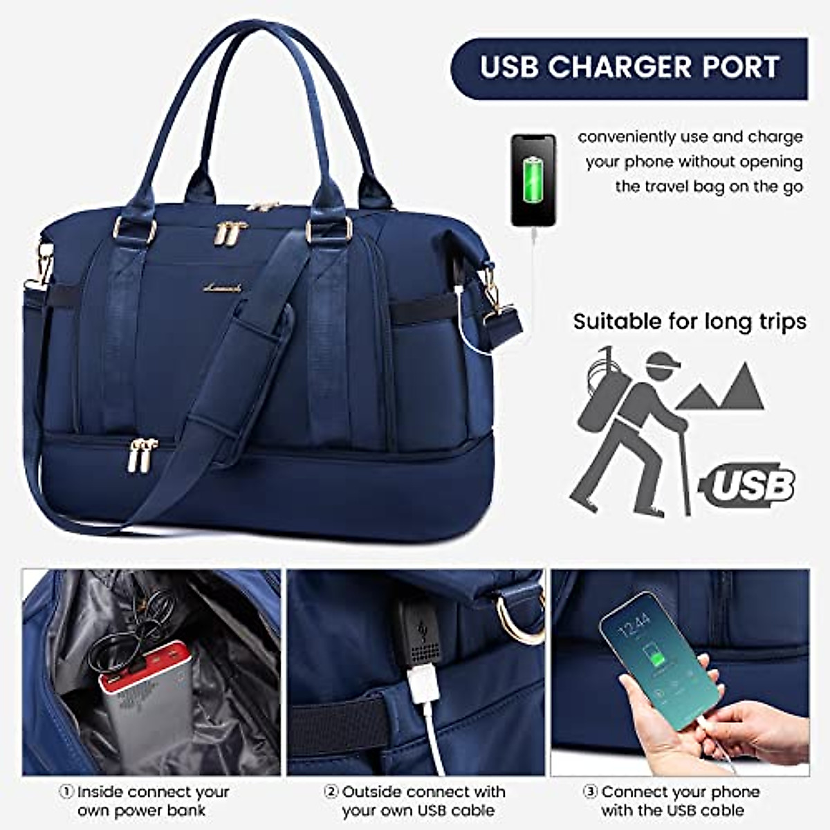 Gym Bag for Women LOVEVOOK Travel Duffel Bag, Navy Blue with USB Charging Port,Weekender Bags for Women with Shoe Compartment,Carry on Overnight Bag with Toiletry Bag,Hospital Bags for Labor and Deliver