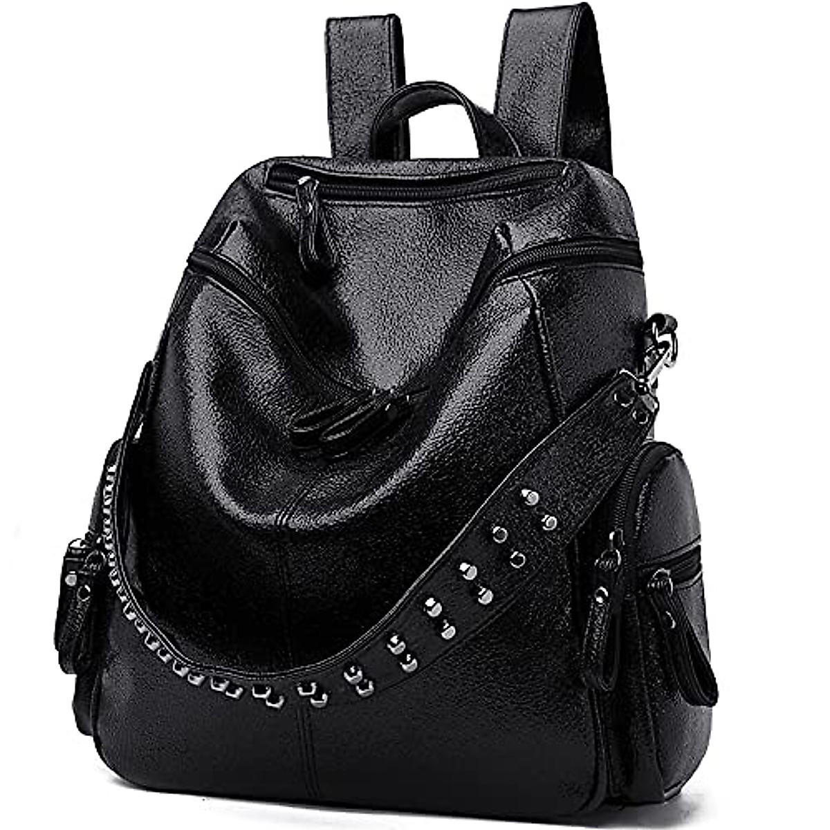 KOOIJNKO Women Backpack Purse, Rivet Studded Rucksack Convertible Ladies Fashion Casual Travel Daypack, 3 Ways Washed Leather Shoulder Bag (Black)