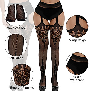 Fullsexy Plus Size Stockings, Fishnet Tights Suspander Pantyhose Thigh High with 4 Thongs for Women, Black1, One Size