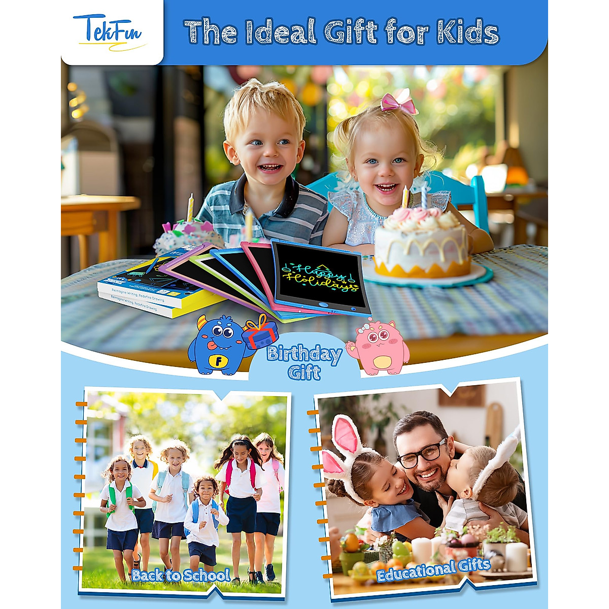 TEKFUN Kids Toys, 2Pcs LCD Writing Tablet with 4 Stylus, 8.5in Erasable Doodle Board Mess Free Drawing Pad for Kids, Car Trip Educational Toys Birthday for 3 4 5 6 7 Girls Boys