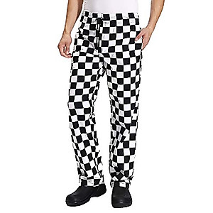 Men’s Black and White Checkerboard Print Chef Pants with Elastic Waist Drawstring Baggy Chef Uniforms BigPlaid M