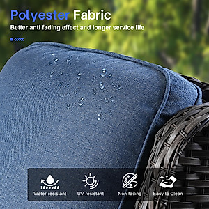 XIZZI Patio Furniture Sets Outdoor Swivel Rocking Chairs with 50,000 BTU Propane Fire Pit Table 7 Pieces All Weather PE Wicker Conversation Sofa and Matching Side Table,Grey Wicker Denim Blue