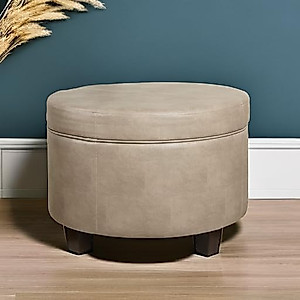 Homepop Home Decor | Upholstered Faux Leather Round Storage Ottoman | Ottoman with Storage for Living Room & Bedroom, Taupe Brown