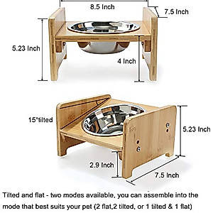 FOREYY Set of 2 Raised Pet Bowls for Cats and Small Dogs - Bamboo Tilted Single Elevated Dog Cat Food and Water Bowls Stand Feeder with 3 Stainless Steel Bowls and Anti Slip Feet for Comfort Feeding