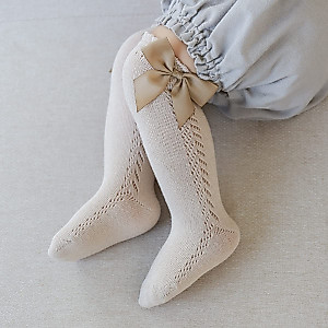 Taous Assam Baby Girls Knee High Socks Toddler Mesh Bowknot Breathable Dress Socks Little Girls Cotton Tube Stockings 5-Packs Bow Size 0-12 Months
