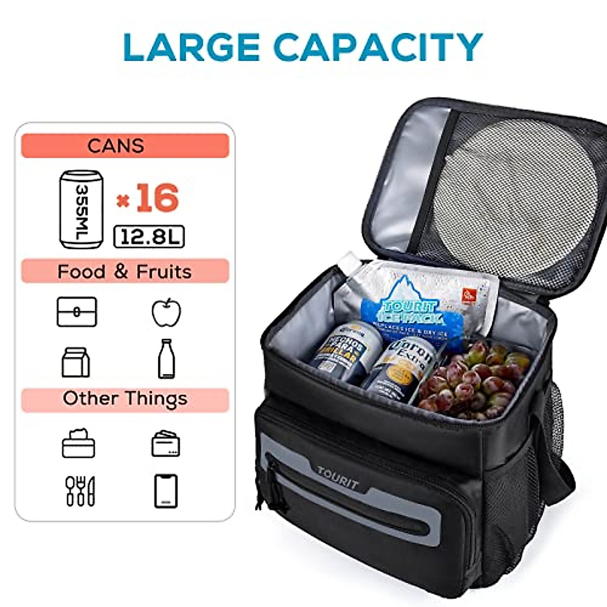 TOURIT Lunch Bag for Men Insulated Lunch Box for Men Leakproof Reusable Lunch Cooler Bag for Work, Office, Outdoor, Picnic, Black