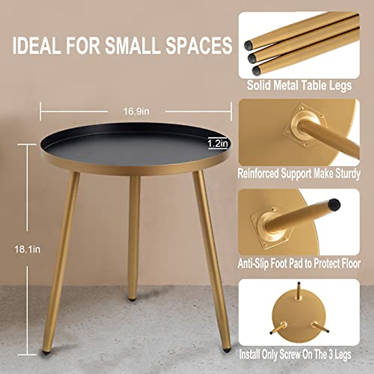 AOJEZOR Round End/Side Tables for Living Room, Bedrooms Narrow Night Stands Cute Pedestal Plant Stand for Balcony, Black Tray with 3 Legged Gold Coffee/ Accent Table