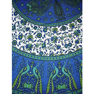 India Arts Floral Peacock Round Cotton Tablecloth 72" Blue