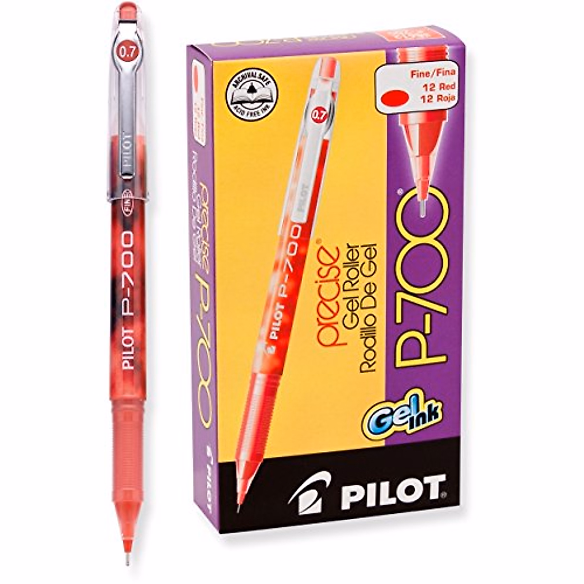 PILOT Precise P-700 Gel Ink Rolling Ball Stick Pens, Marbled Barrel, Fine Point, Red Ink, 12-Pack (38612)