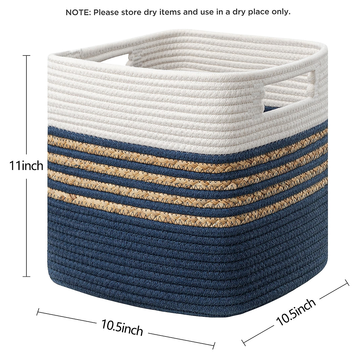 UBBCARE Set of 3 Storage Cubes 11 X 10.5 X 10.5 in, Water Hyacinth Storage Bins for Shelves, Toys, Book, Storage Baskets with Handles, Cotton Rope Woven Baskets for Organizing, Navy Blue