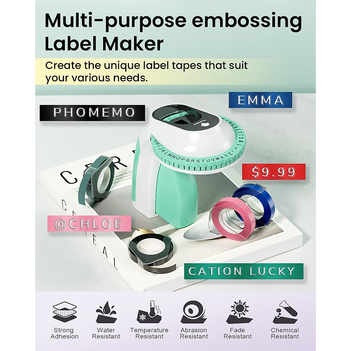 Phomemo Embossing Label Maker Machine with Tapes, Portable Retro Embossed Label Maker Writer, Mini Embosser Label Maker with 6 Rolls Embossing Label Tapes for Home,Office DIY and Crafting -Green