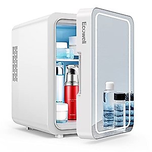 Ecowell WRE110 Mini Bedroom, 4L/6 Can Skincare Fridge with LED Mirror, AC/DC 12V Small Refrigerator for Skin Care Cosmetic Makeup Beauty Office Dorm Desk, White