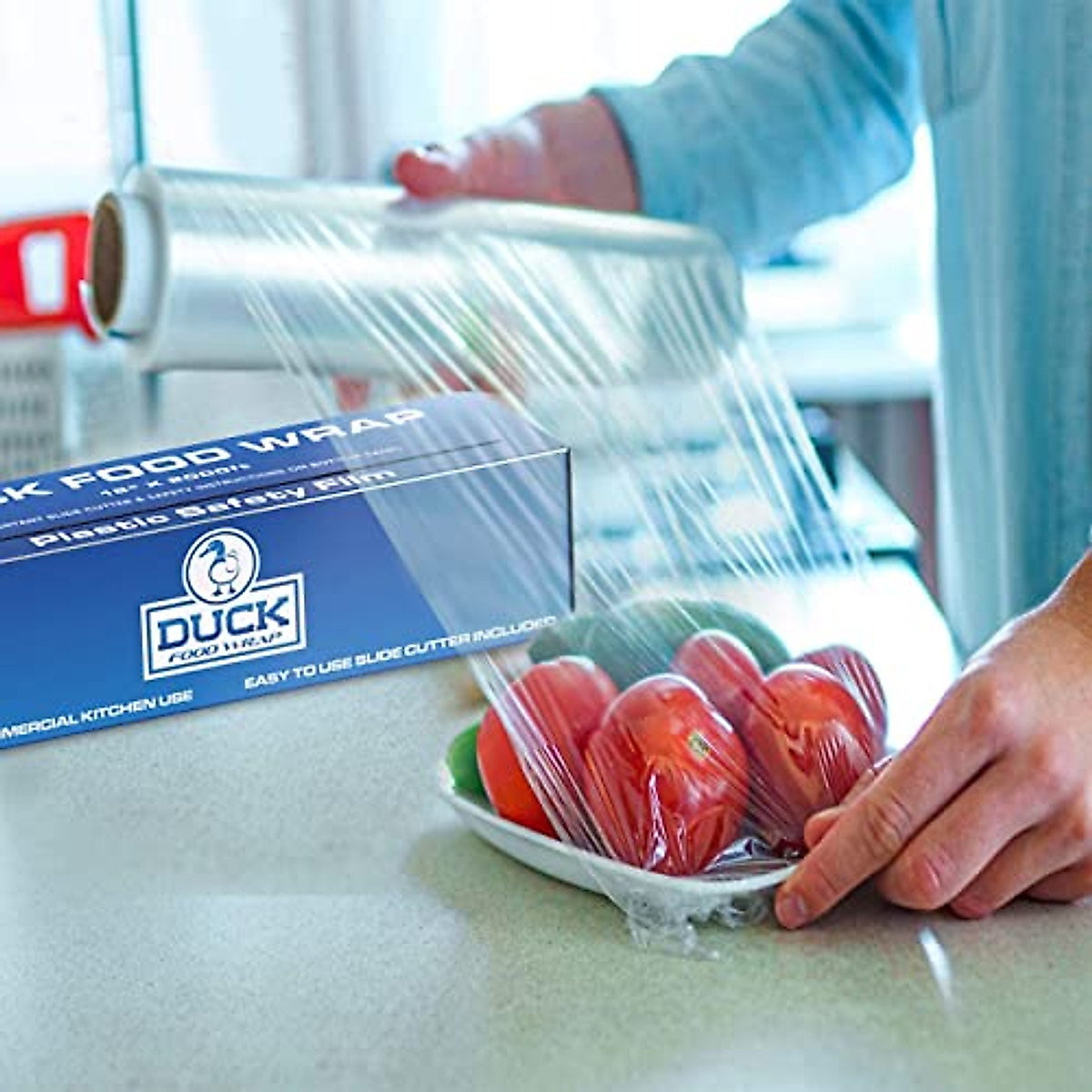 Duck Food Safety Film, 18 inch x 2000ft Plastic Wrap, Commercial Grade, Great for Sealing and Storage, Used for Food Service Industry, Easy to Use Slide Cutter for Clean Cut Use (1 Box)